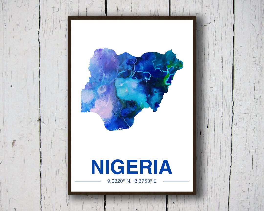 Nigeria Map A4 Glossy Print With Coordinates Country Map Abstract ...