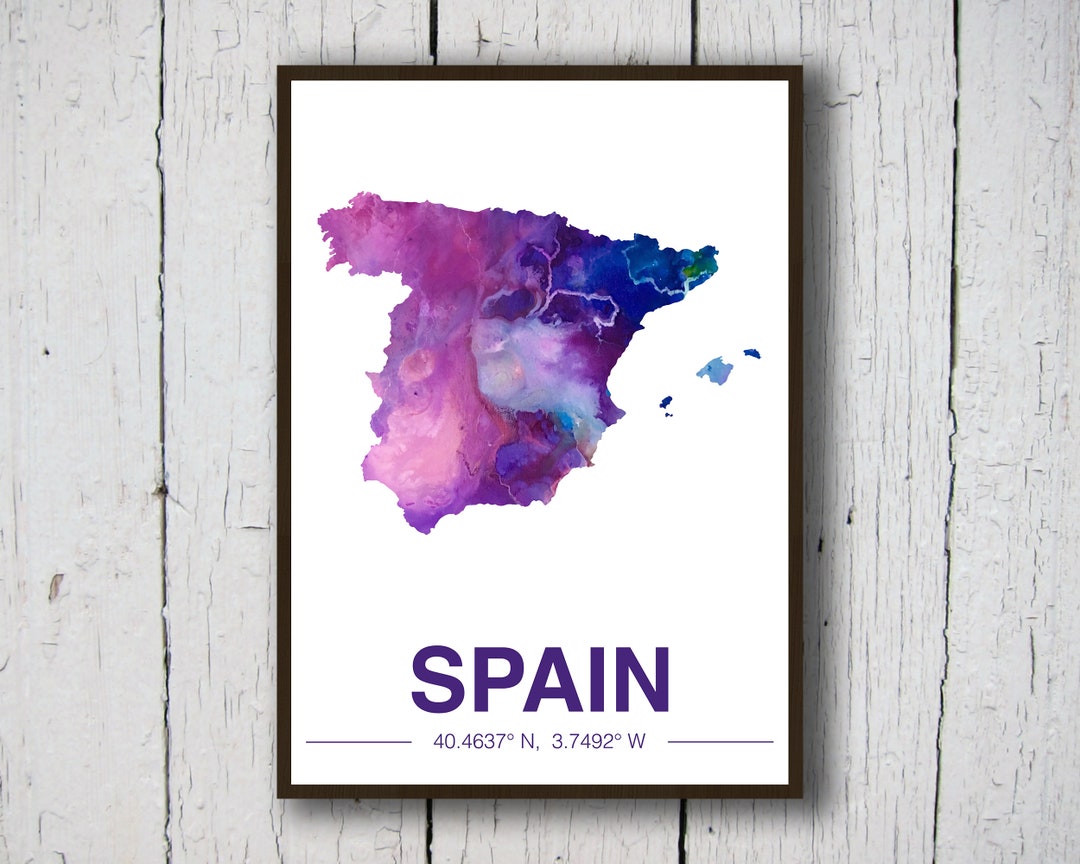 Spain Map Glossy Print With Coordinates | Country Map | Abstract ...