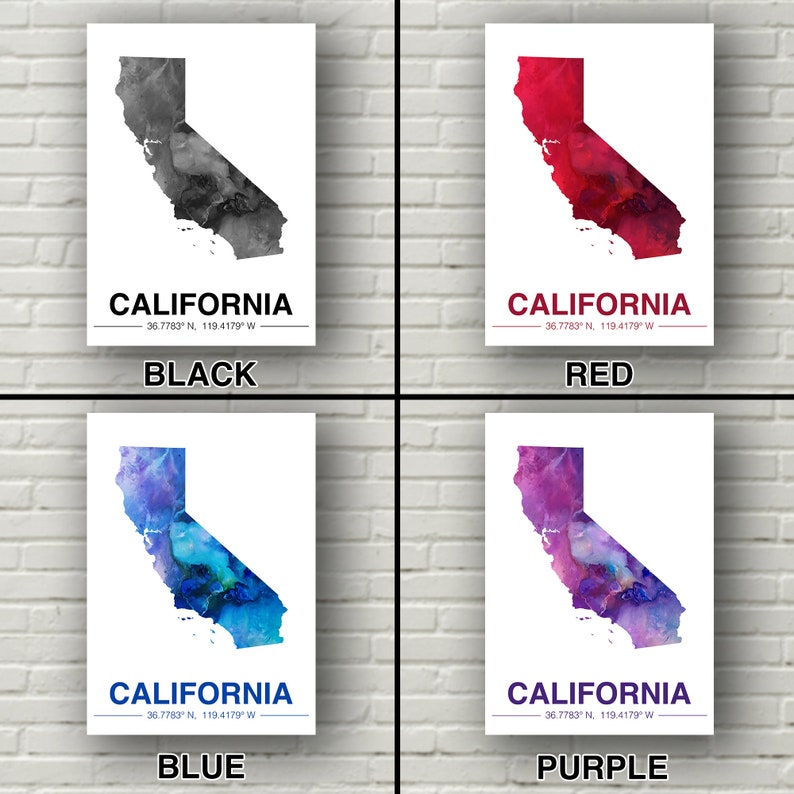 California Map Glossy Print With Coordinates Country Map Abstract ...
