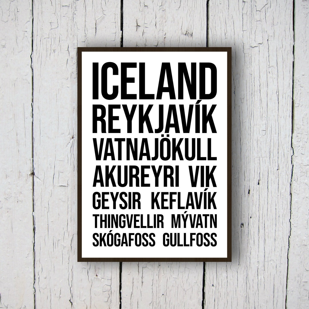 Iceland Locations Word Art A4 Glossy Print Iceland Cities Travel Print ...
