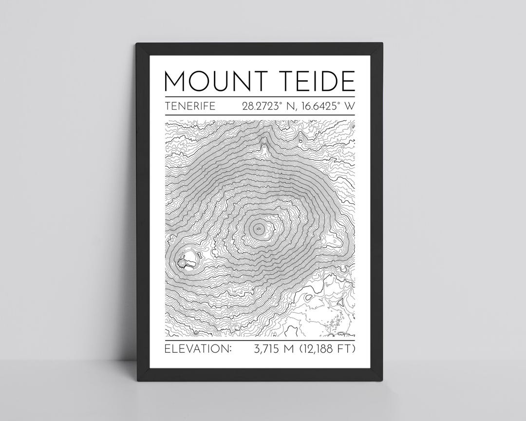 Mount Teide Contour Map Glossy Print - Tenerife Volcano Topography Map ...