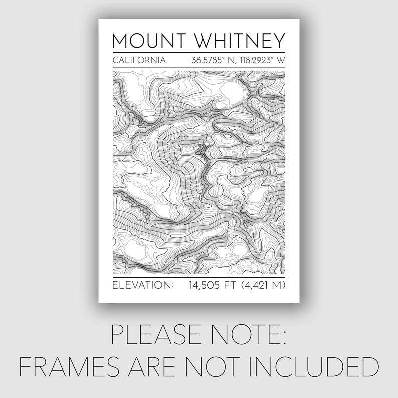 Mount Whitney Topography Map Glossy Print | California Contour Lines ...