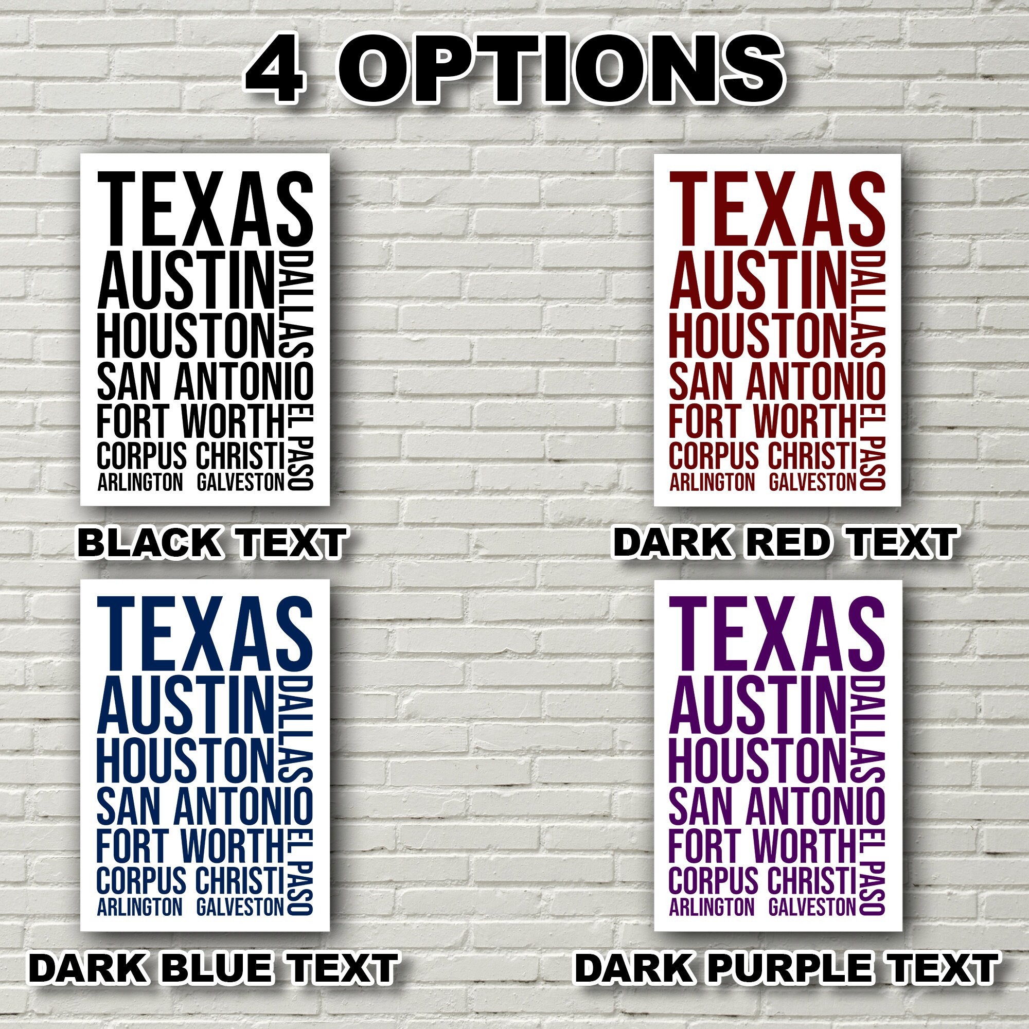 Texas Cities Word Art A4 Glossy Print Austin Travel Print Houston ...