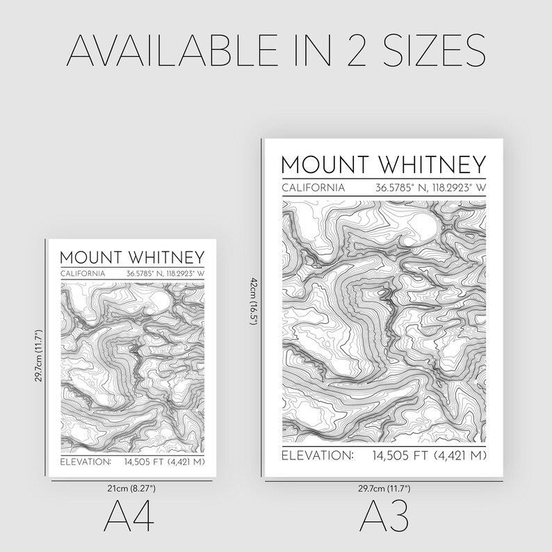Mount Whitney Topography Map Glossy Print | California Contour Lines ...