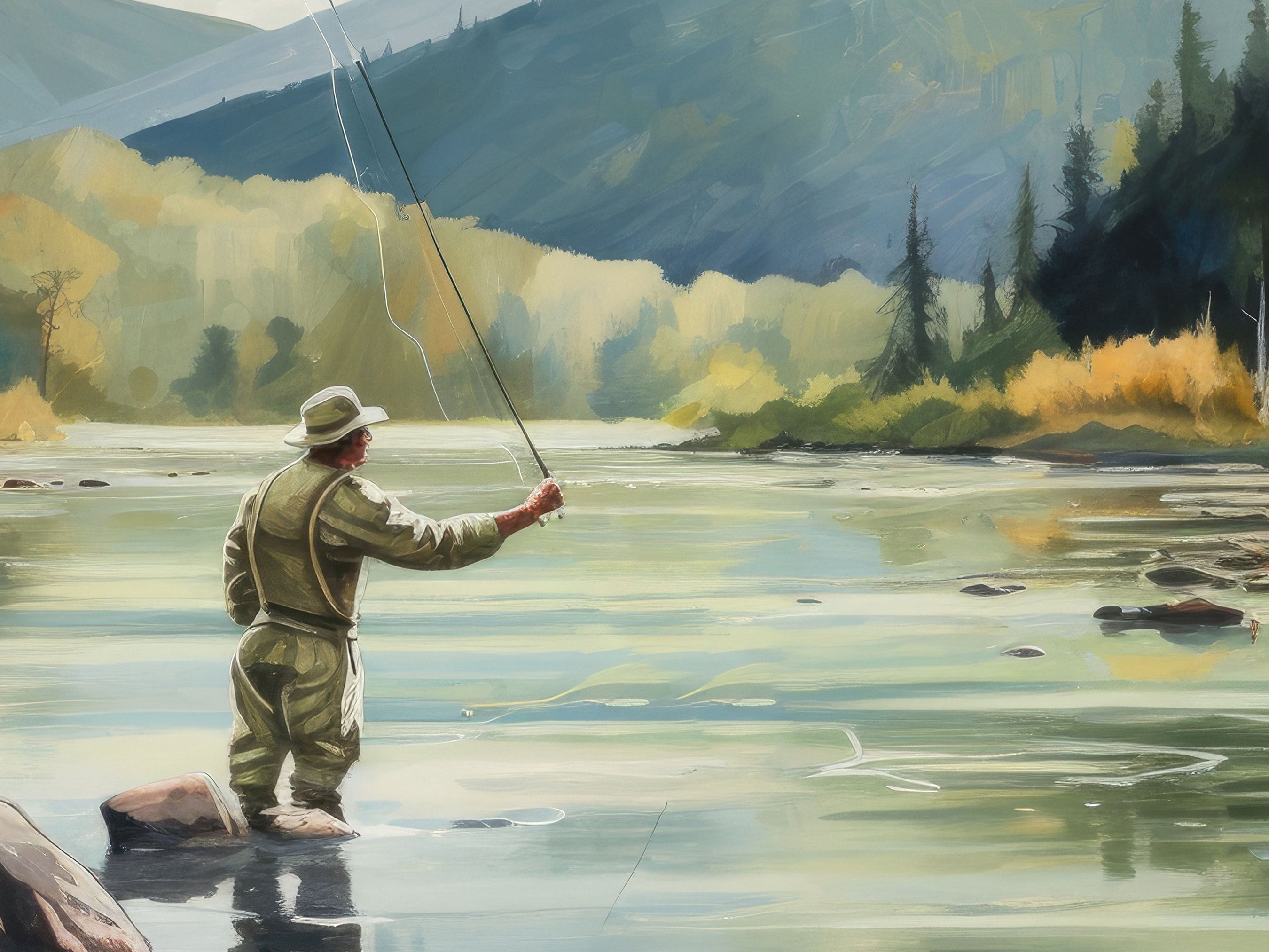 Lake House Art Print Fly Fishing Painting Digital Wall Art Nature Wall ...