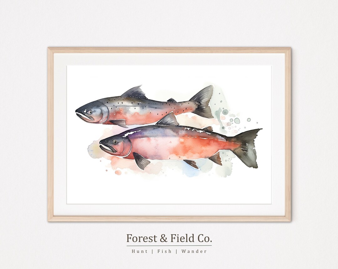Salmon Watercolor Print, Aquatic Art, Nature Home Decor (digital ...