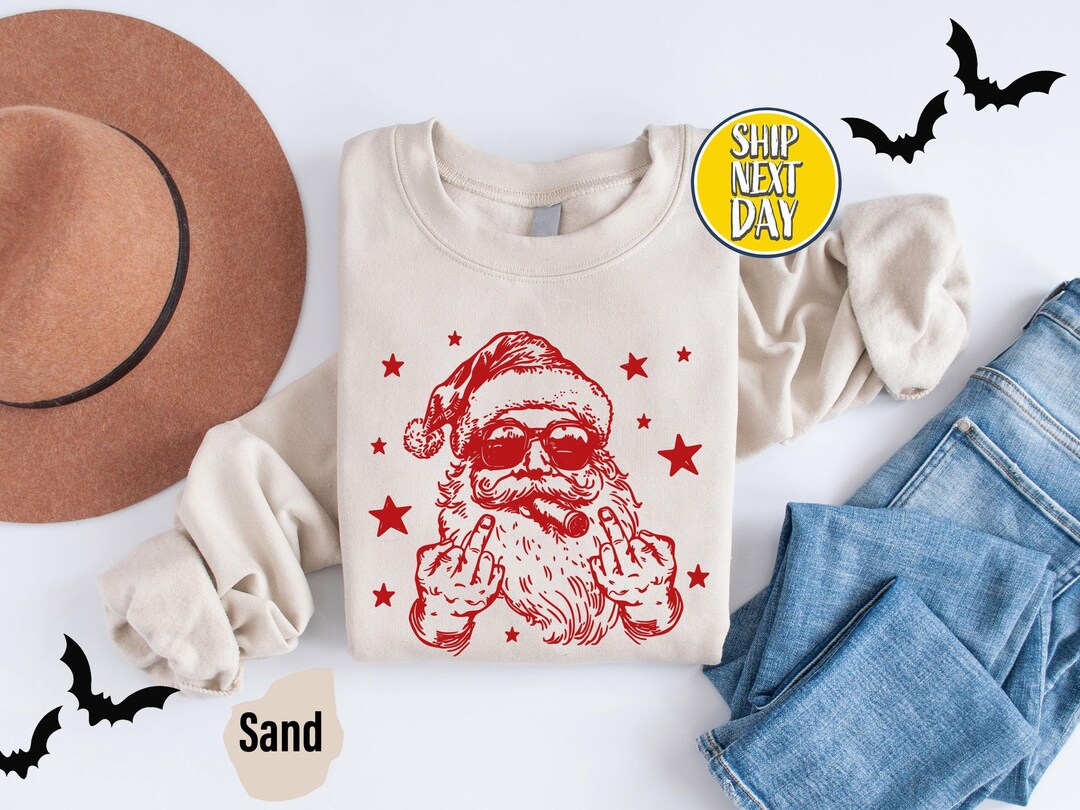 Retro Santa Claus Middle Finger Santa Smokes Sweatshirt, Santa Glasses ...