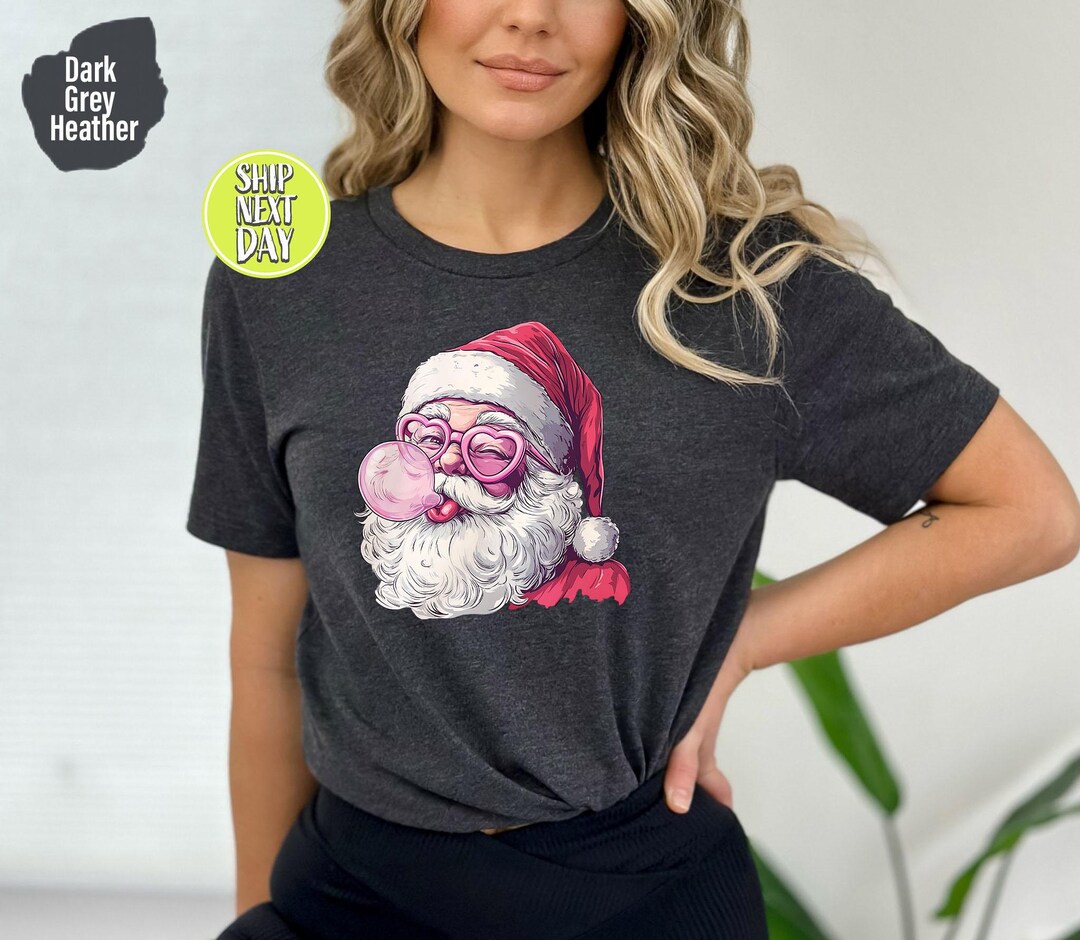 Retro Santa Christmas Blowing Bubble Tshirt, Pink Christmas Matching ...