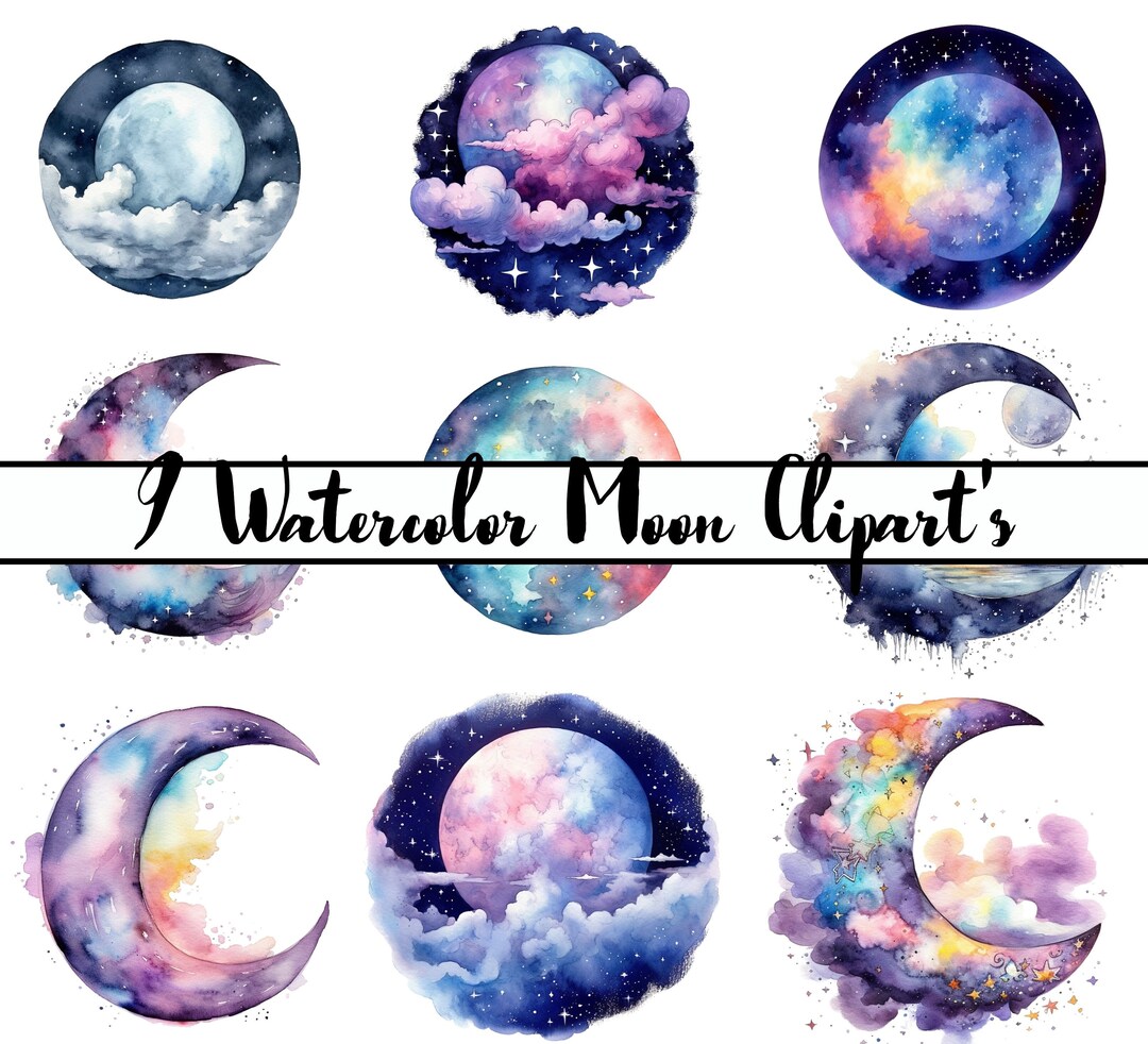 9 Watercolor Moon Clipart's Instant Download for Commercial Use ...