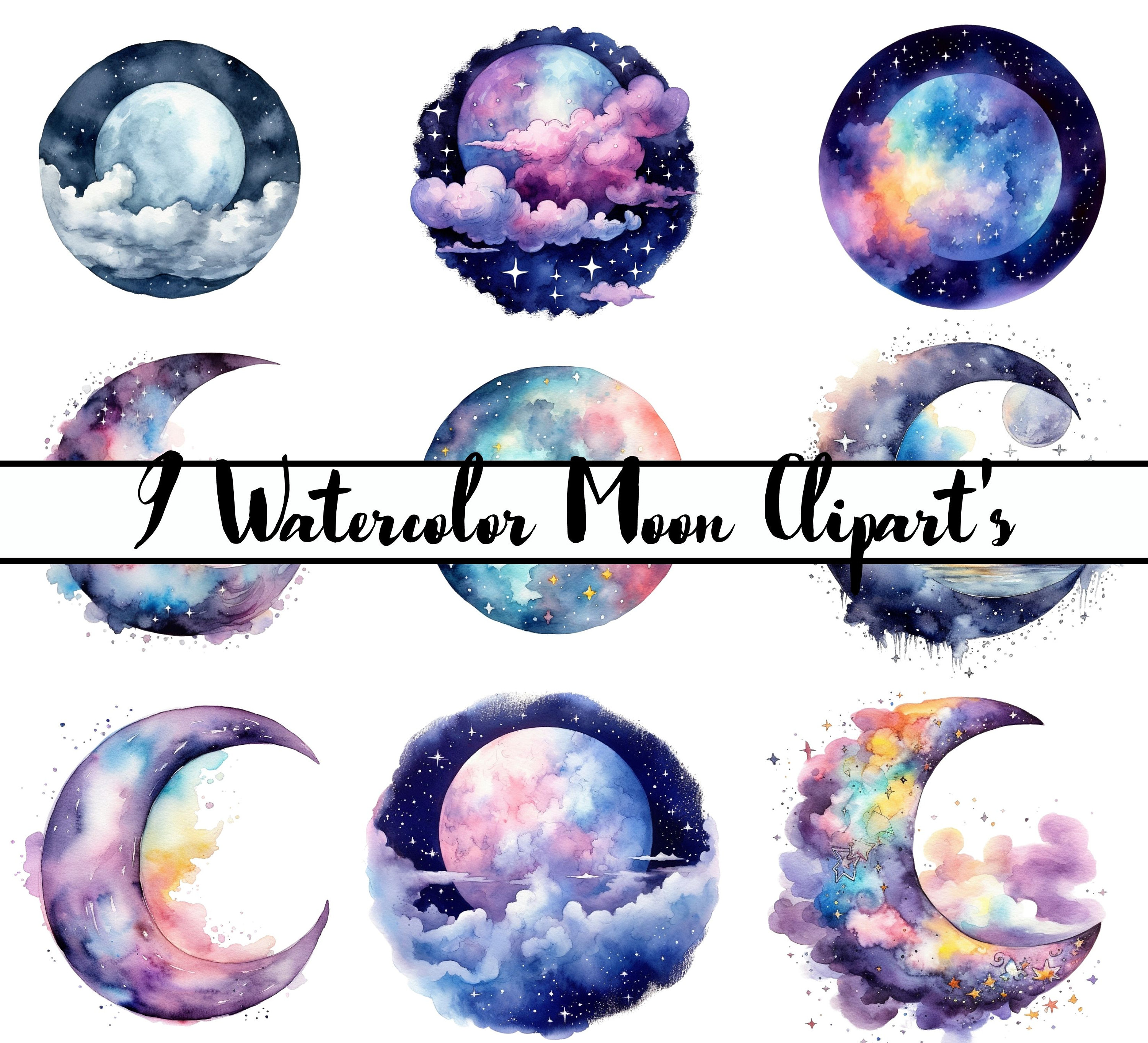 9 Watercolor Moon Clipart's Instant Download for Commercial Use ...