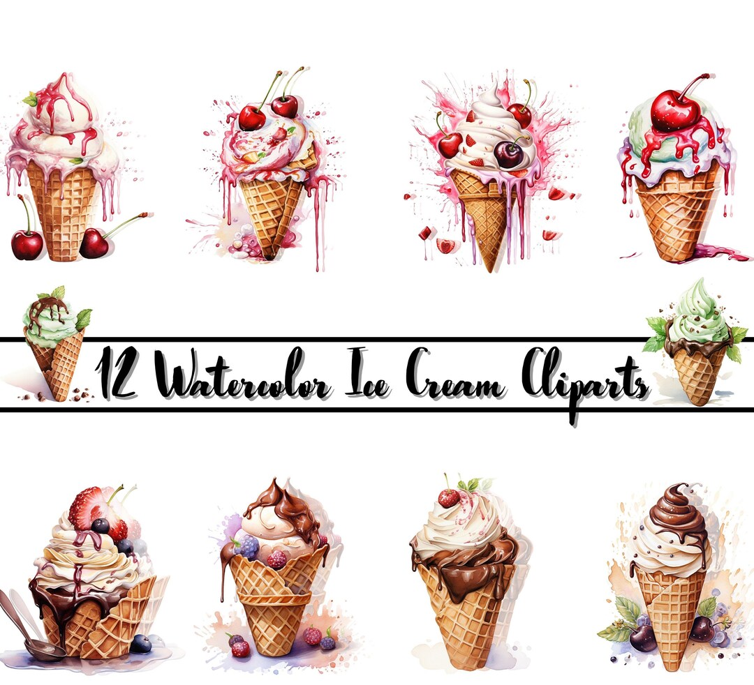 12 Watercolor Ice Cream Clipart's, Instant Download for Commercial Use ...