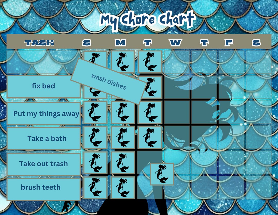 Mermaid Chore Chart With Chart, Task Cards, and Tokens - Etsy