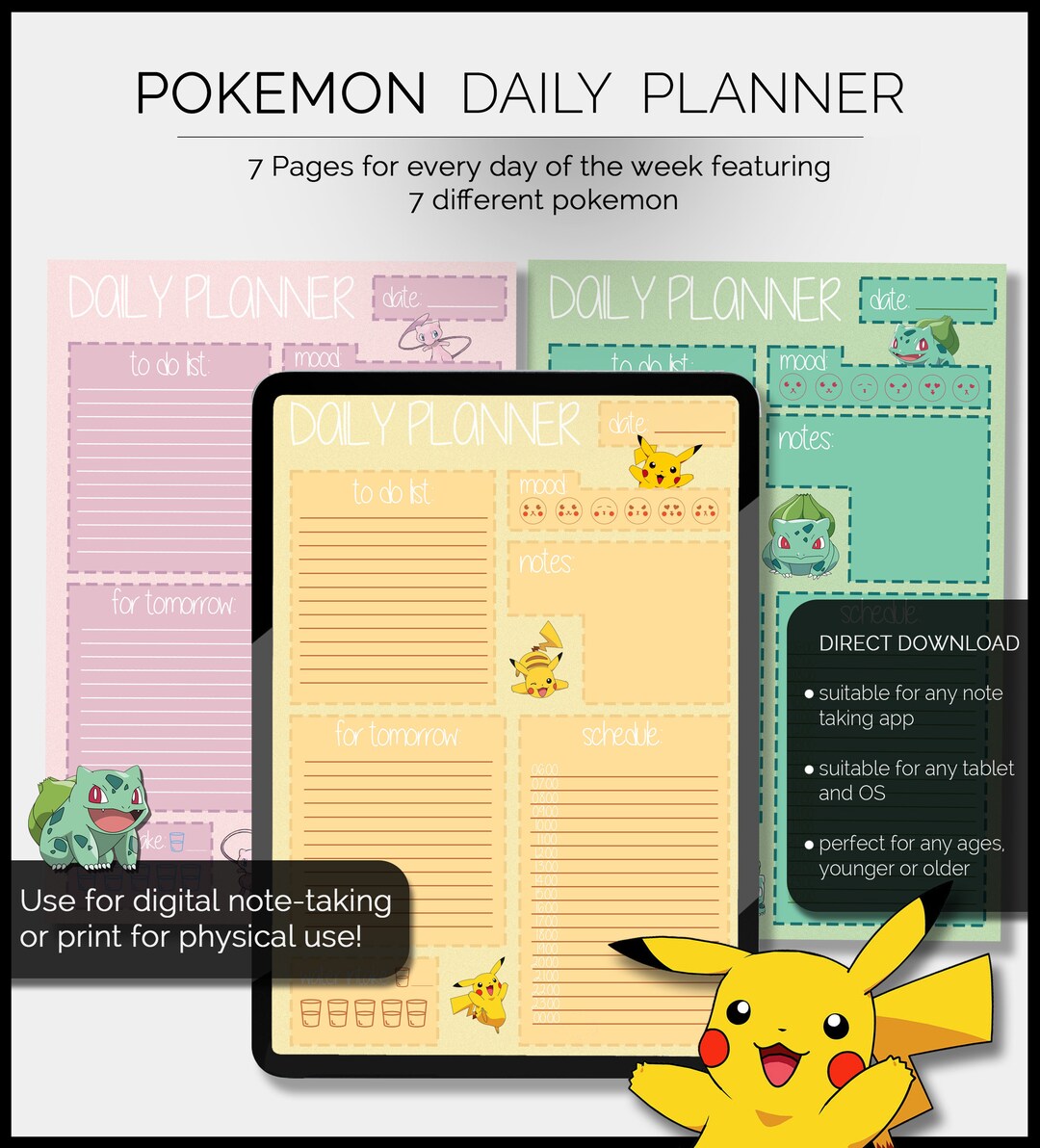 7 PAGES Cute POKEMON Daily Planner BUNDLE Aesthetic Printables Digital ...
