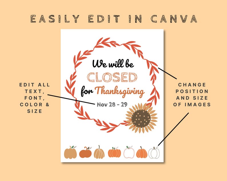 Closed for Thanksgiving Sign With Pumpkins and Fall Leaves, Business ...