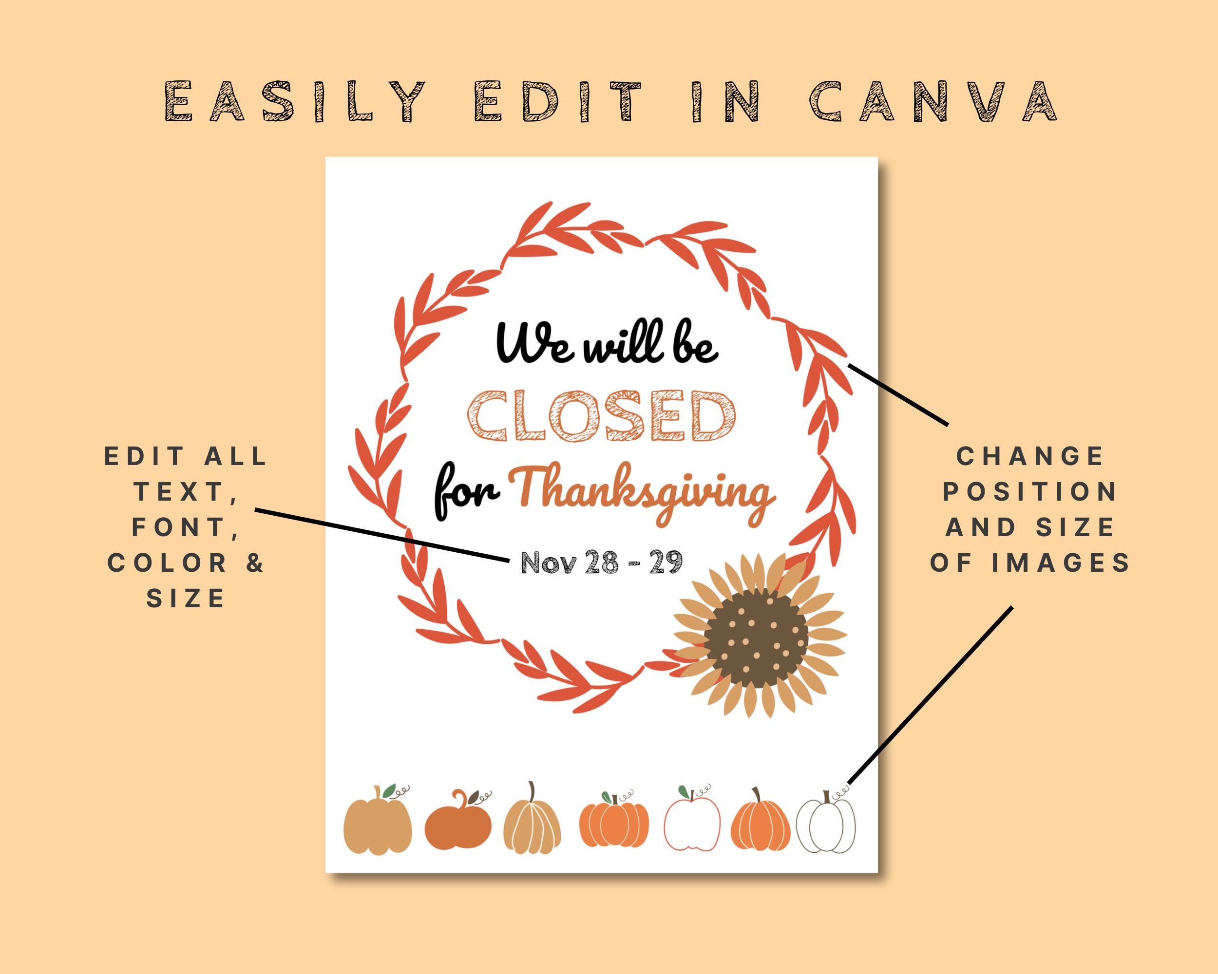 Closed for Thanksgiving Sign With Pumpkins and Fall Leaves, Business ...