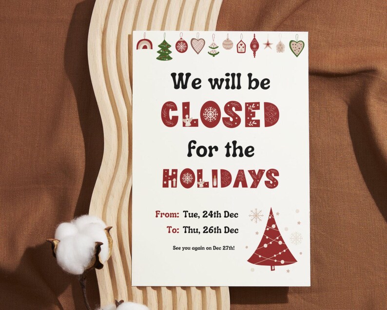 Closed for the Holidays Sign, Closed for Business, Shop Open Hours ...