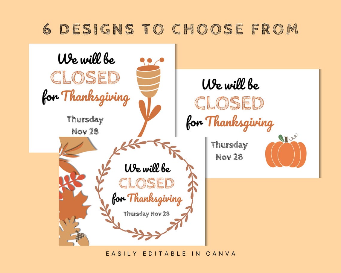 Closed for Thanksgiving Sign With Pumpkins and Fall Leaves, Business ...