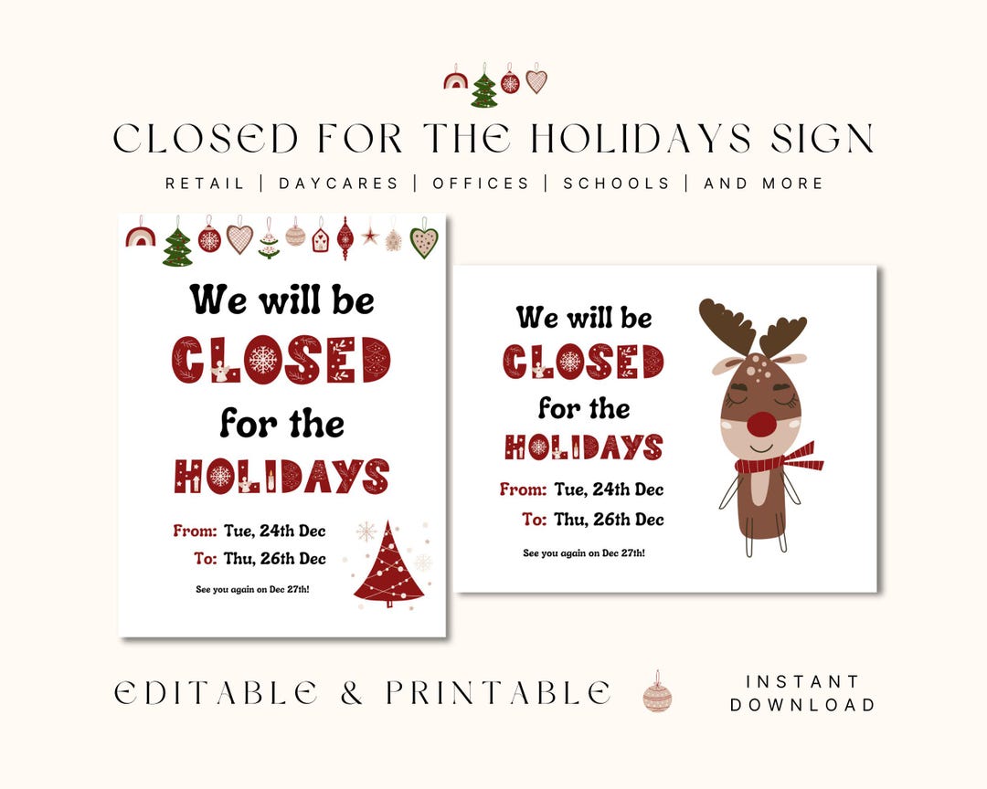 Closed for the Holidays Sign, Closed for Business, Shop Open Hours ...