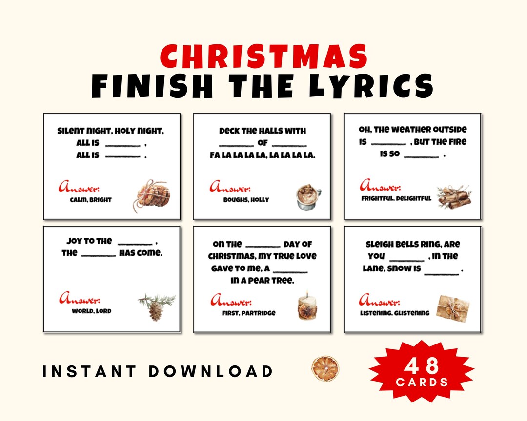 Christmas Finish the Lyrics Song Trivia Party Game, Christmas Carols ...