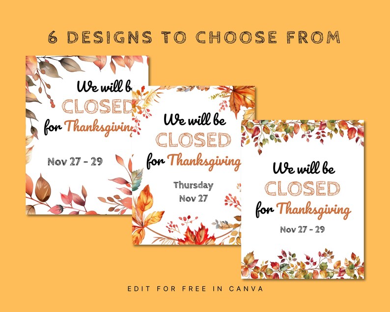 Closed for Thanksgiving Sign With Fall Leaves, Business Hours Sign ...