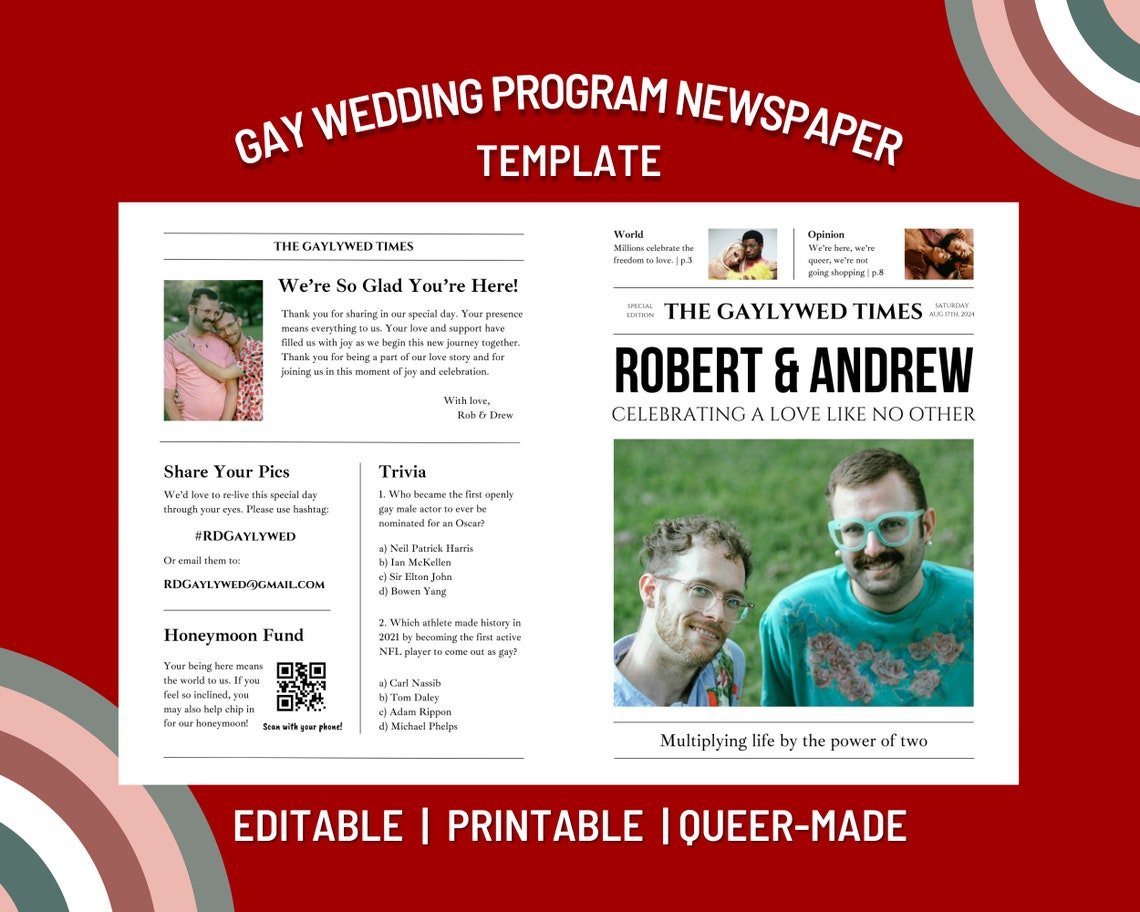 Gay Wedding Newspaper Program Template Editable, Folded Newspaper ...