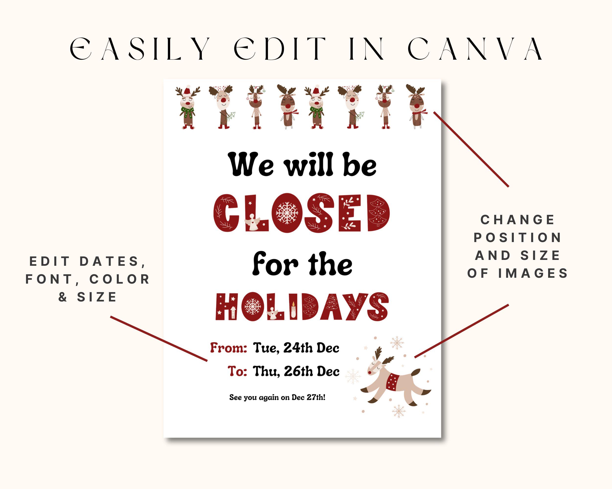 Closed for the Holidays Sign, Closed for Business, Shop Open Hours ...