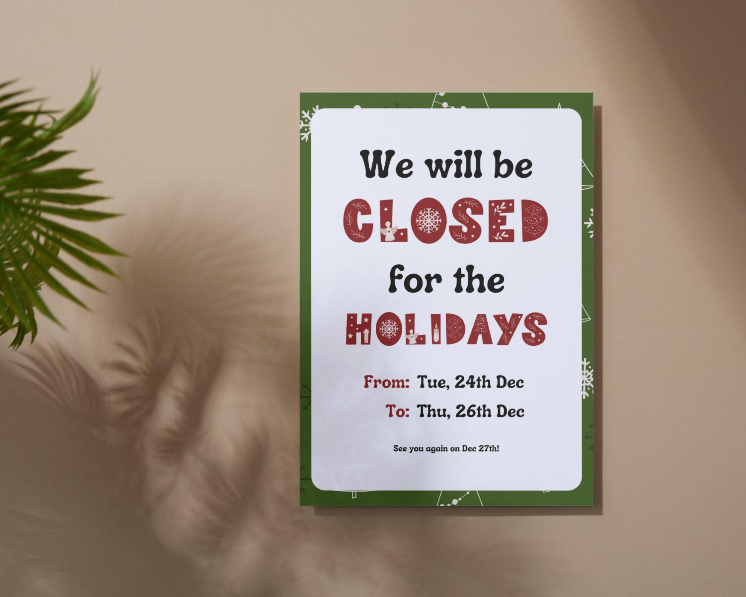 Closed for the Holidays Sign, Closed for Business, Shop Open Hours ...