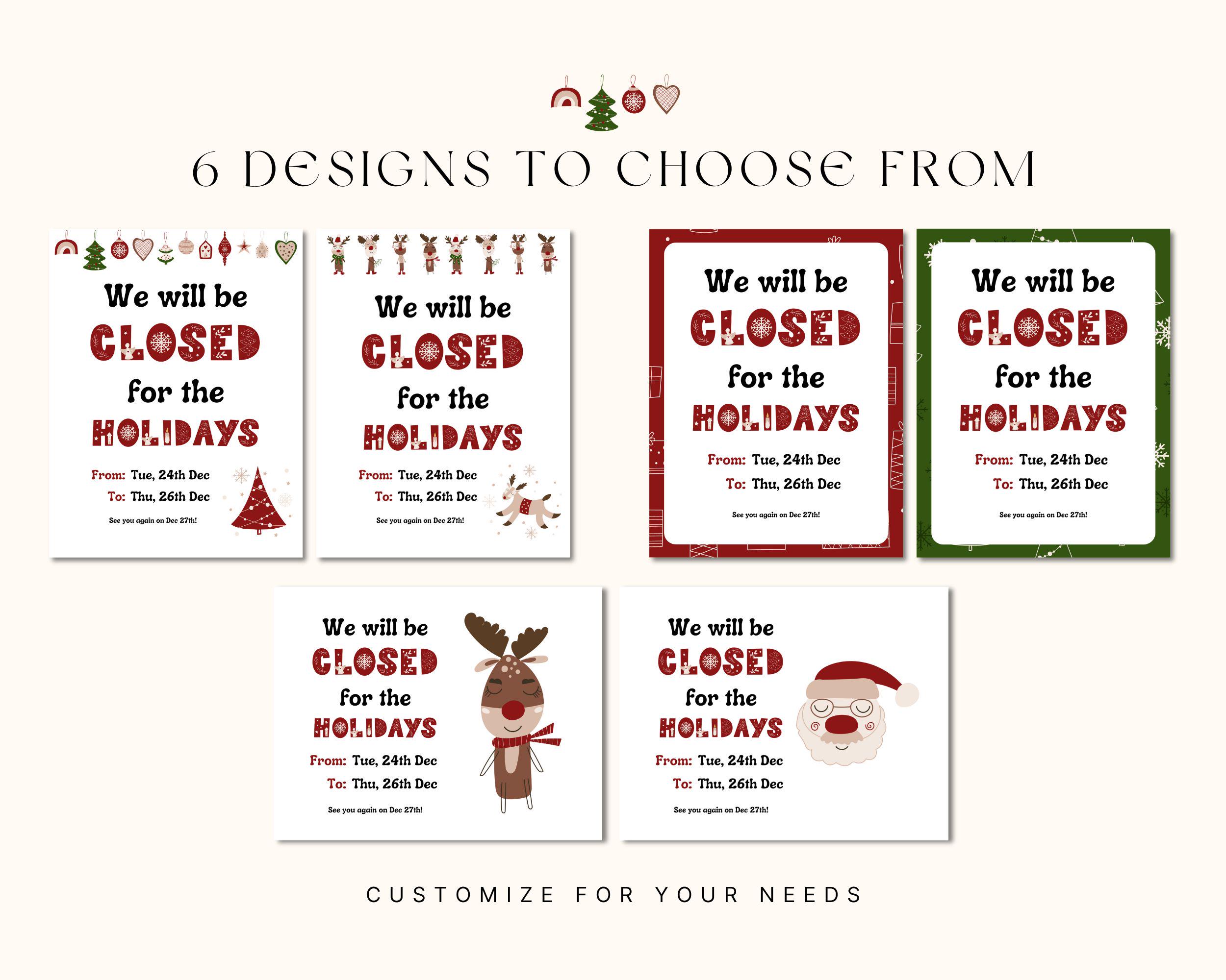 Closed for the Holidays Sign, Closed for Business, Shop Open Hours ...