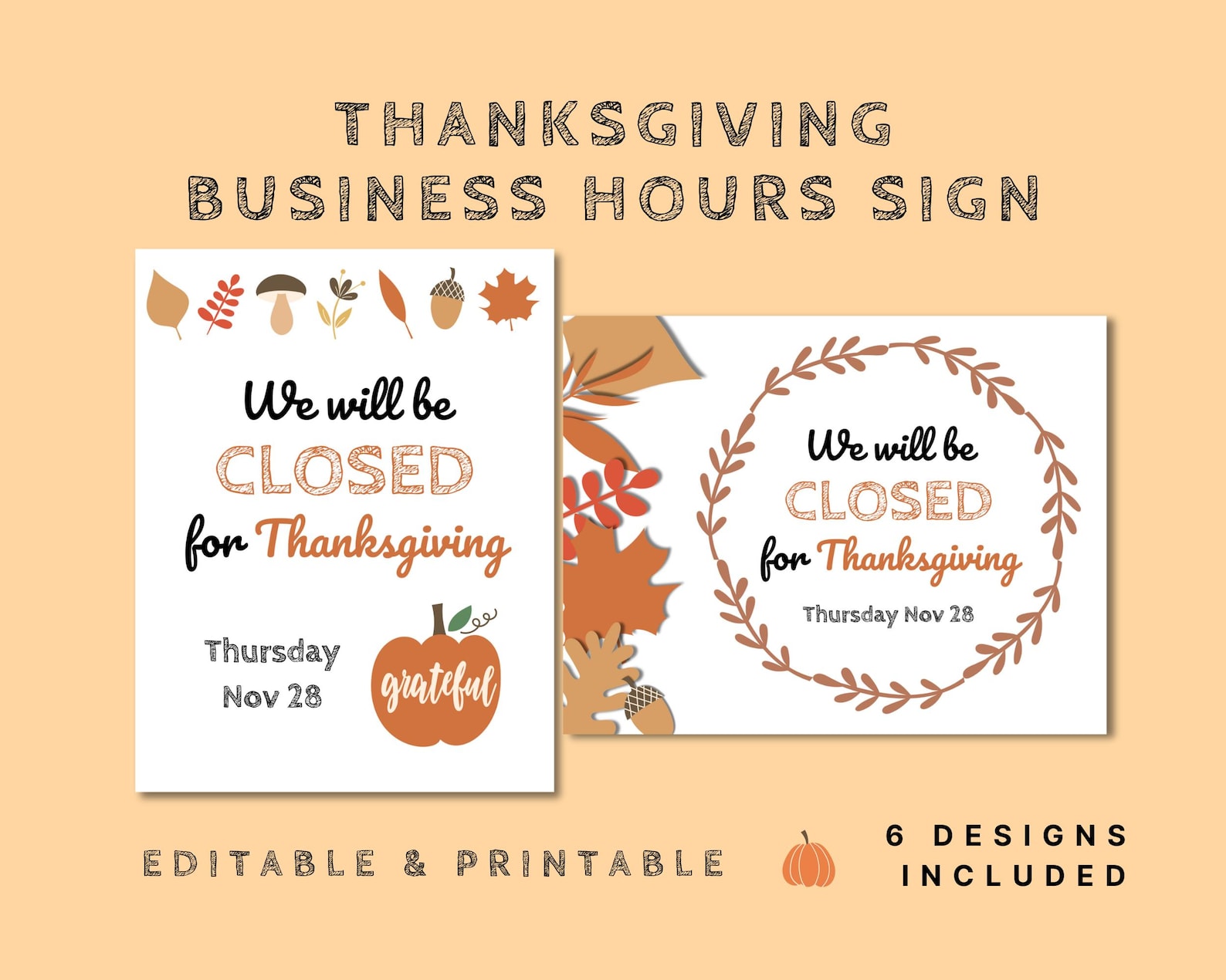 Closed for Thanksgiving Sign With Pumpkins and Fall Leaves, Business ...