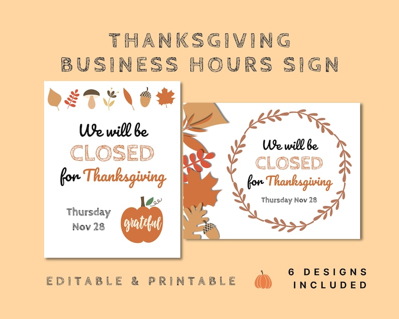 Closed for Thanksgiving Sign With Pumpkins and Fall Leaves, Business ...
