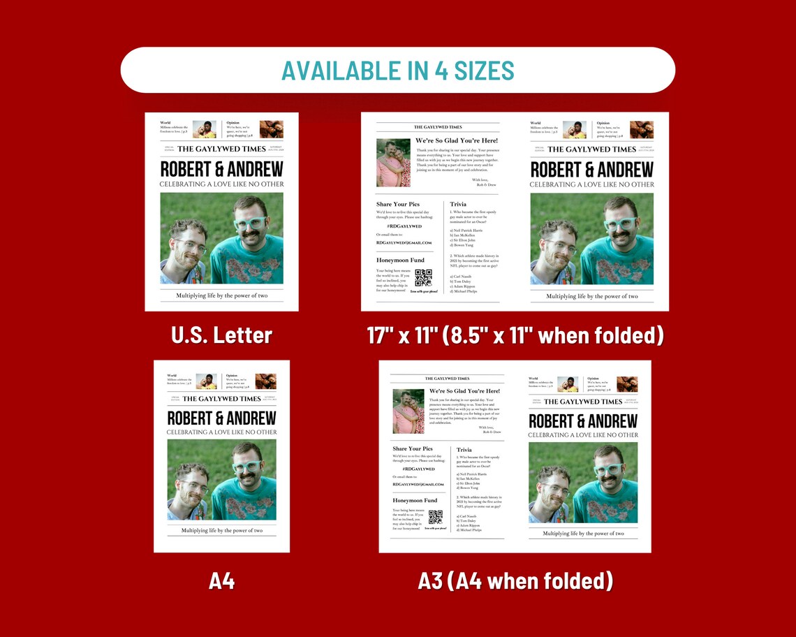 Gay Wedding Newspaper Program Template Editable, Folded Newspaper ...