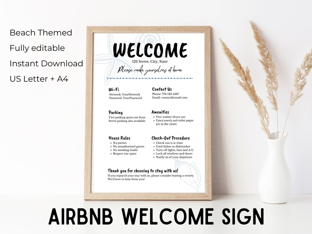 Airbnb Welcome Sign Beach Theme, Vacation Rental Template, Guest ...