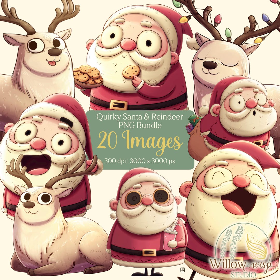 Quirky Santa & Reindeer PNG Bundle: Christmas Clip Art (digital ...