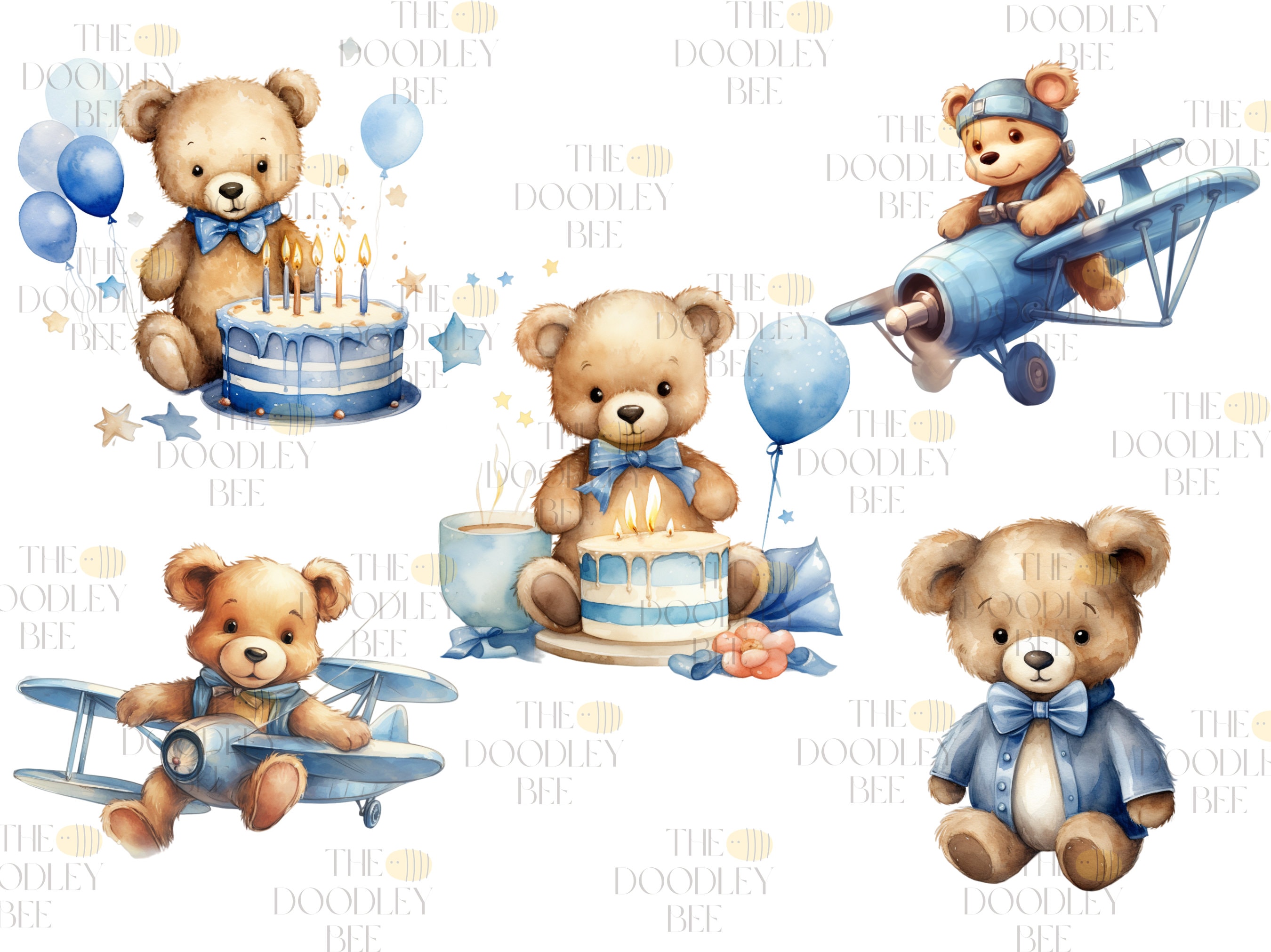 Watercolor Teddy Bear Clip Art Clipart Pack, Baby Shower for a Boy ...