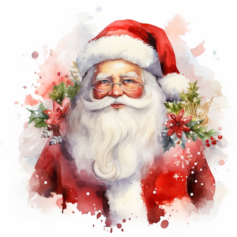 Watercolor Christmas Clipart PNG Bundle Santa Clause Rain - Etsy