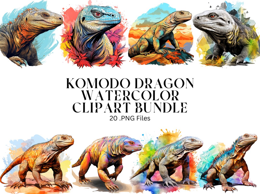20 Komodo Dragon Watercolor Clipart PNG Bundle, Commercial Use, Digital ...