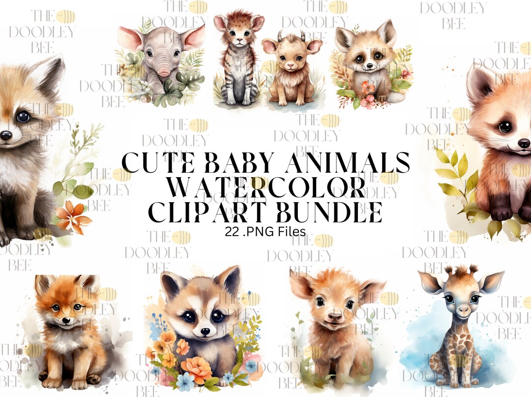 20 Cute Baby Animal Watercolor Clipart PNG Bundle, Commercial Use ...