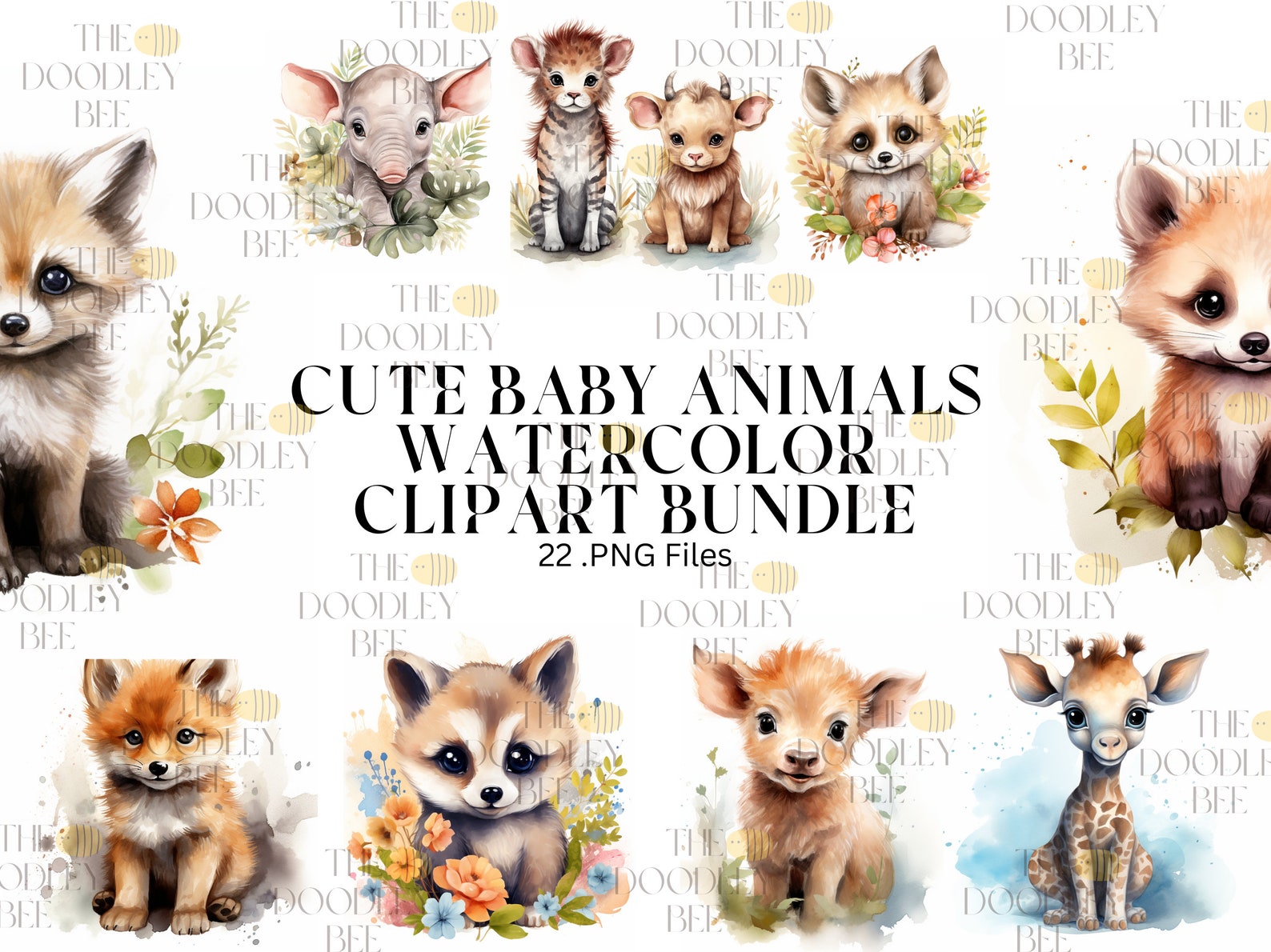 20 Cute Baby Animal Watercolor Clipart PNG Bundle, Commercial Use ...