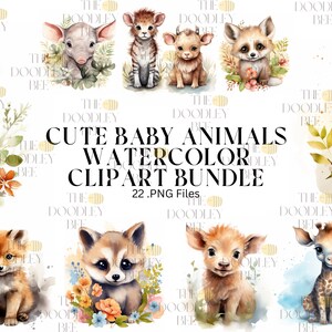 20 Cute Baby Animal Watercolor Clipart PNG Bundle, Commercial Use ...