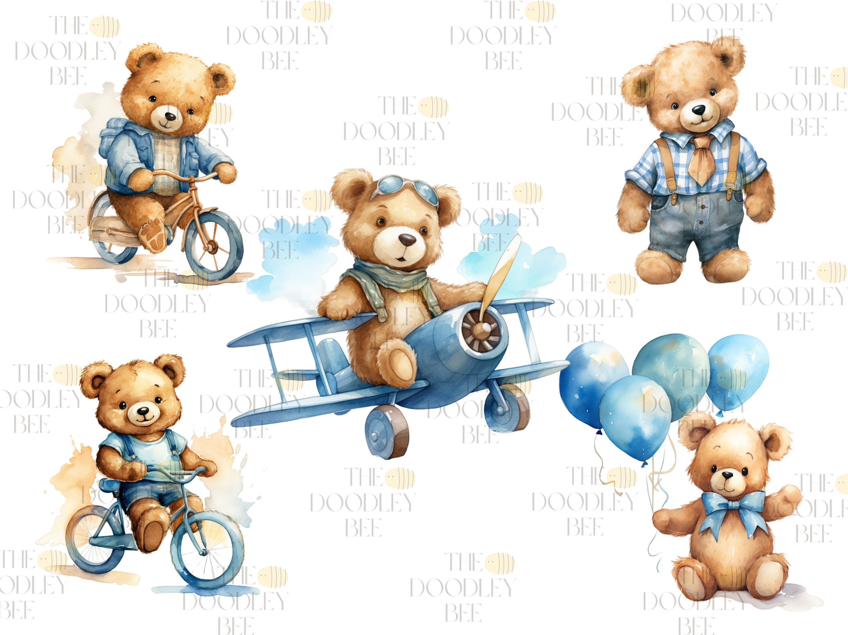 Watercolor Teddy Bear Clip Art Clipart Pack, Baby Shower for a Boy ...