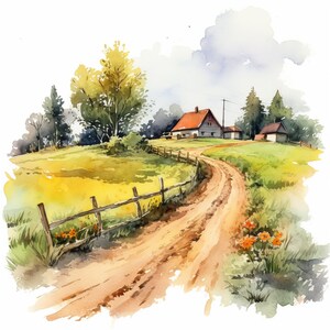 Country Lanes Clipart, Set-2, 10 High Quality Jpgs Watercolor Art ...