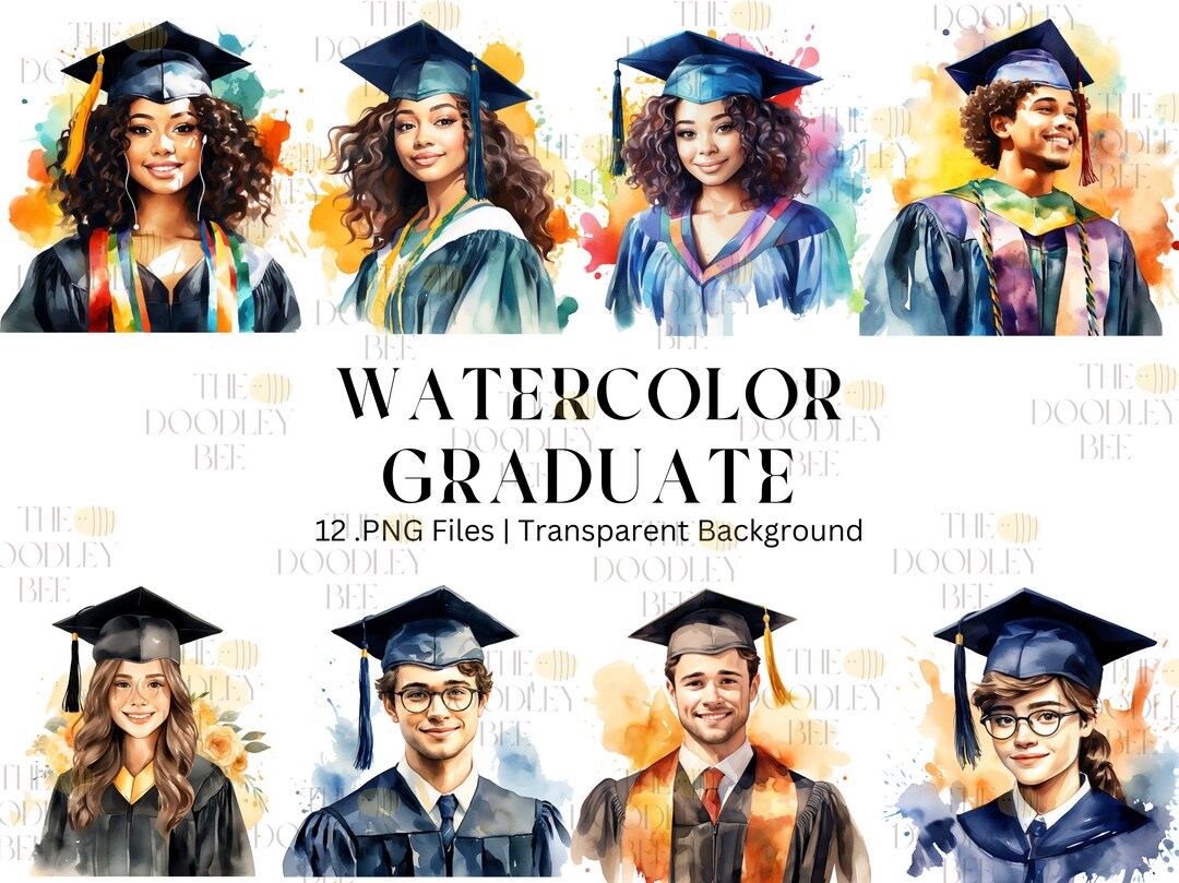 Graduation Watercolor Clipart, 12 Watercolor Graduate Clipart, Student ...