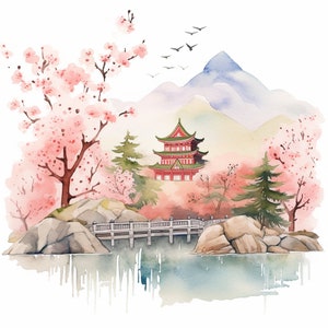 Japanese Landscape Clipart 12 High Quality Pngs Watercolor Art, Digital ...