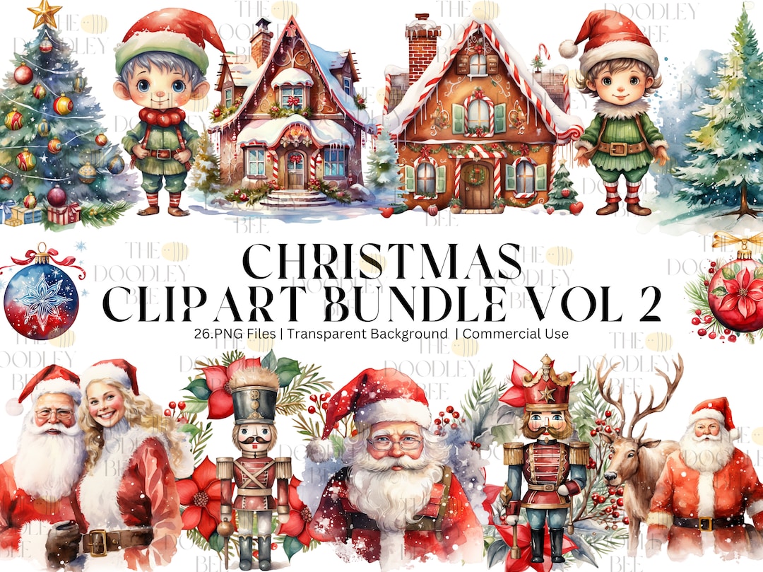 26 Watercolor Christmas Clipart PNG Bundle, Santa Clause, Rain Deer ...