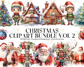 Watercolor Christmas Clipart PNG Bundle Santa Clause Rain - Etsy