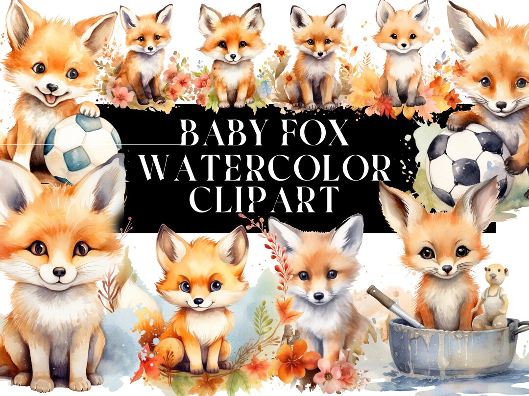 20 Baby Fox Watercolor PNG Clipart Bundle for Commercial Use - Instant ...