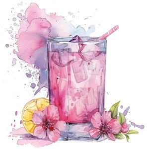 Watercolor Floral Pink Drinks Clipart Bundle Girly Graphics ...