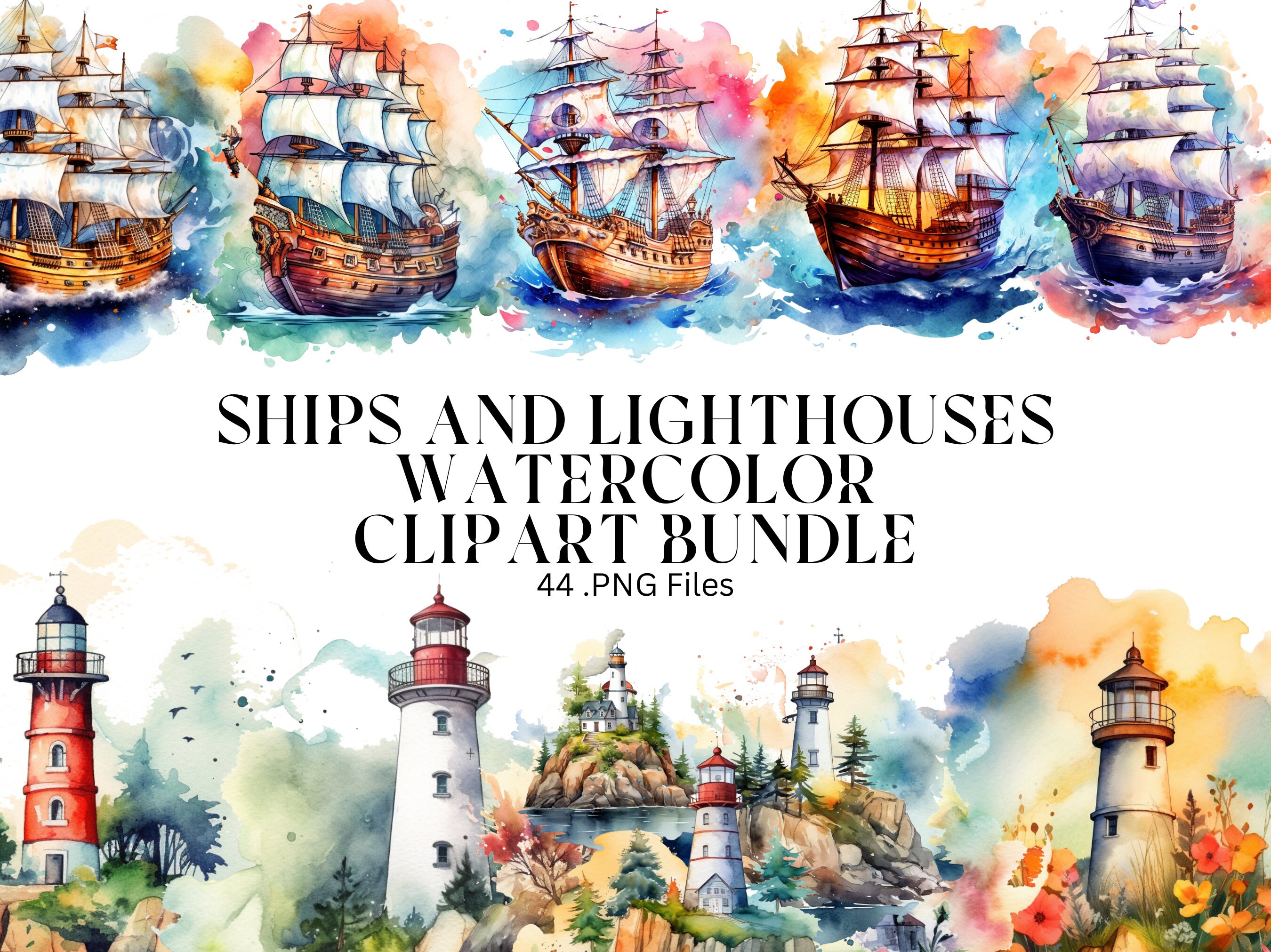 44 Ships and Lighthouses PNG Clipart Bundle for Commercial - Etsy