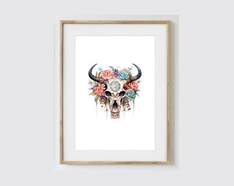 Boho Skull Art Print, Sugar Skull Instant Download Printable Home Decor ...