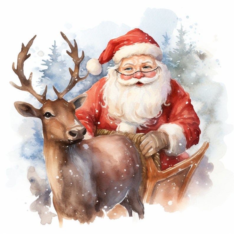 Watercolor Christmas Clipart PNG Bundle Santa Clause Rain - Etsy